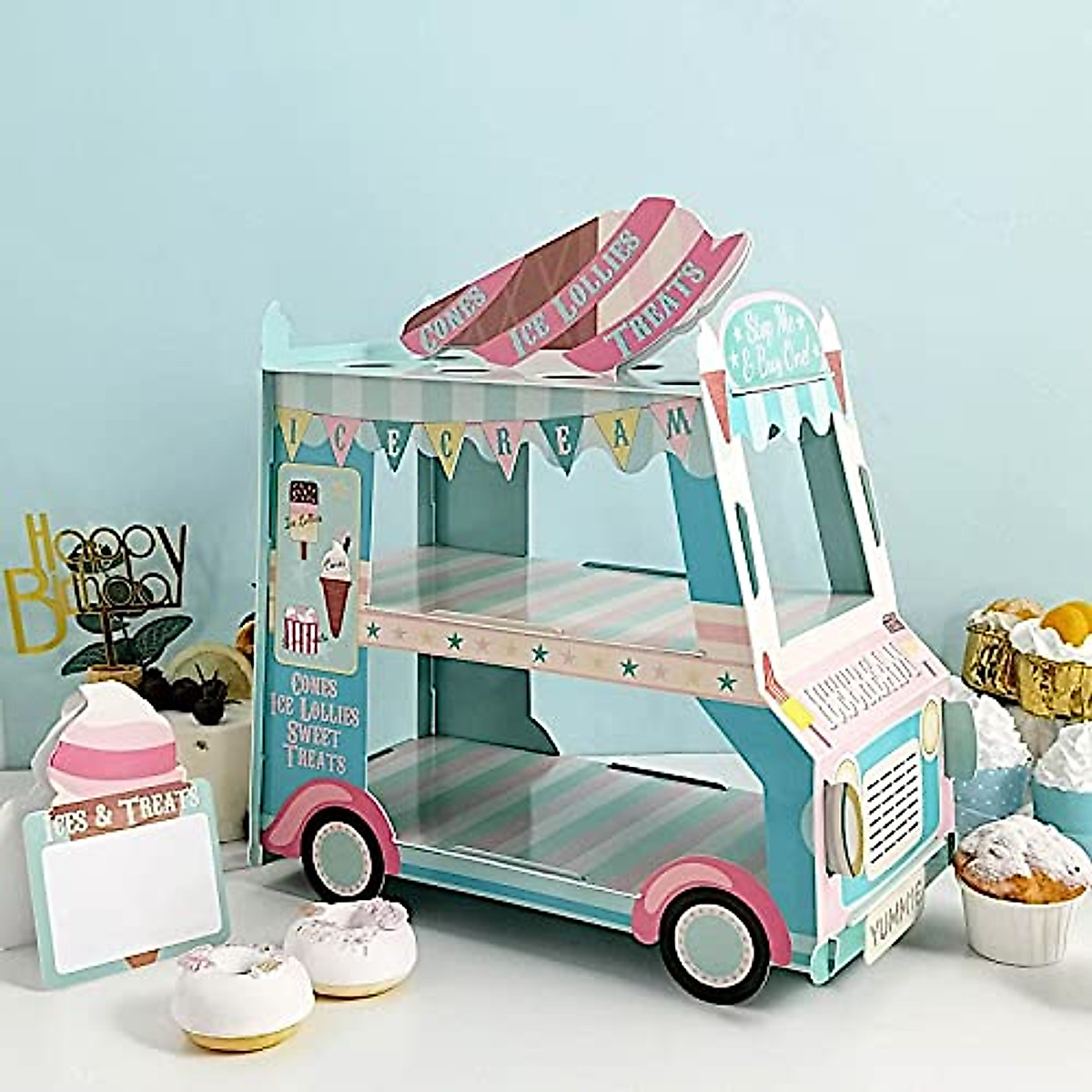 BalsaCircle 16-Inch Blue with Pink 3 Tier Cardboard Ice Cream Truck Cupcake Dessert Stand Wedding Party Events Decorations Supplies
