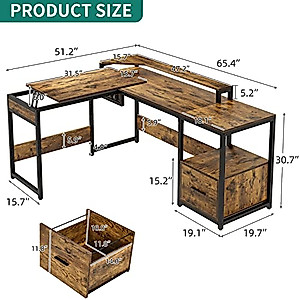 YITAHOME L Shaped Desk with File Drawer, 65" Large Computer Desk Corner Desk with Lift Top, Standing Desk Height Adjustable with Monitor Stand & Storage Shelves for Home Office, Rustic Brown