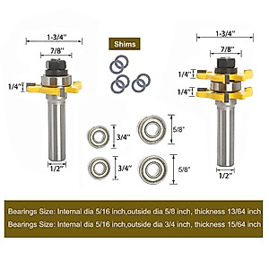 Sinoprotools Tongue and Groove Router Bit Set 1/2 Inch Shank, 1-3/4" Cutting Diameter, 3 Teeth Adjustable T Shape Wood Milling Cutter, 2pcs Tongue and Groove Router Bits for Woodworking