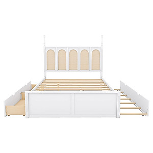 SOFTSEA Queen Size Platform Bed with Trundle and 2 Storage Drawers, Wood Platform Bed with Rattan Headboard, Rattan Bed Frame with Wood Support Slats, No Box Spring Needed, White
