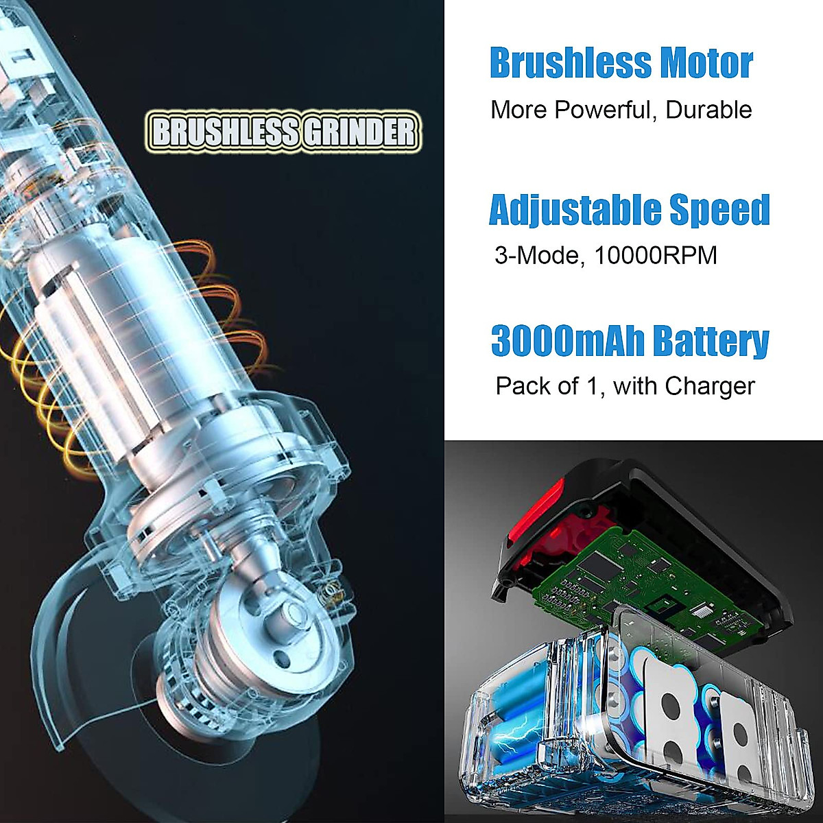 Cordless Angle Grinder 4.5 Inch, 10000 RPM, with 3000mAh Battery, Grinding Wheel, Cutting Wheels, Side Handle, Goggles, Storage bag, Lightweight Compact Electric Grinder for Cutting Grinding