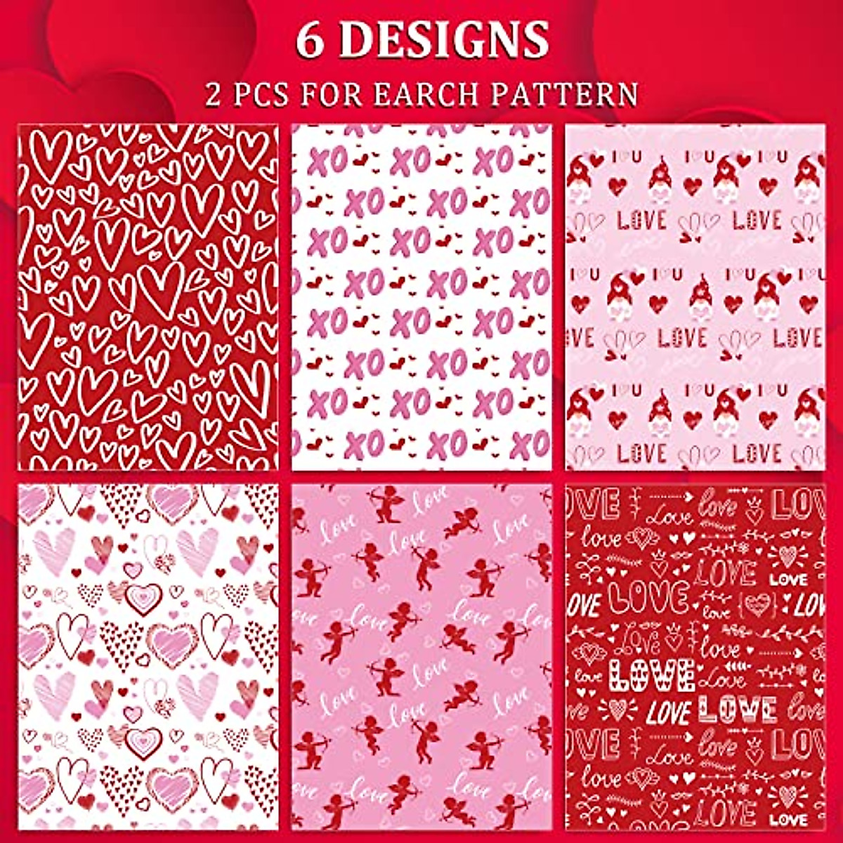 Whaline 12 Sheet Valentine's Day Wrapping Paper 6 Design Love Heart Wrapping Paper Red Pink White Patterned Art Paper for Wedding Anniversary Baby Shower Birthday Gift Wrap, 19.7 x 27.6 Inch