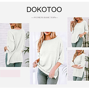 Dokotoo Womens Fashion Juniors Fall Summer Shirts and Blouses for Women 2023 Sweaters T-Shirts Off Shoulder 3/4 Sleeve Tunic Tops Loose Tee Shirts Beige Medium
