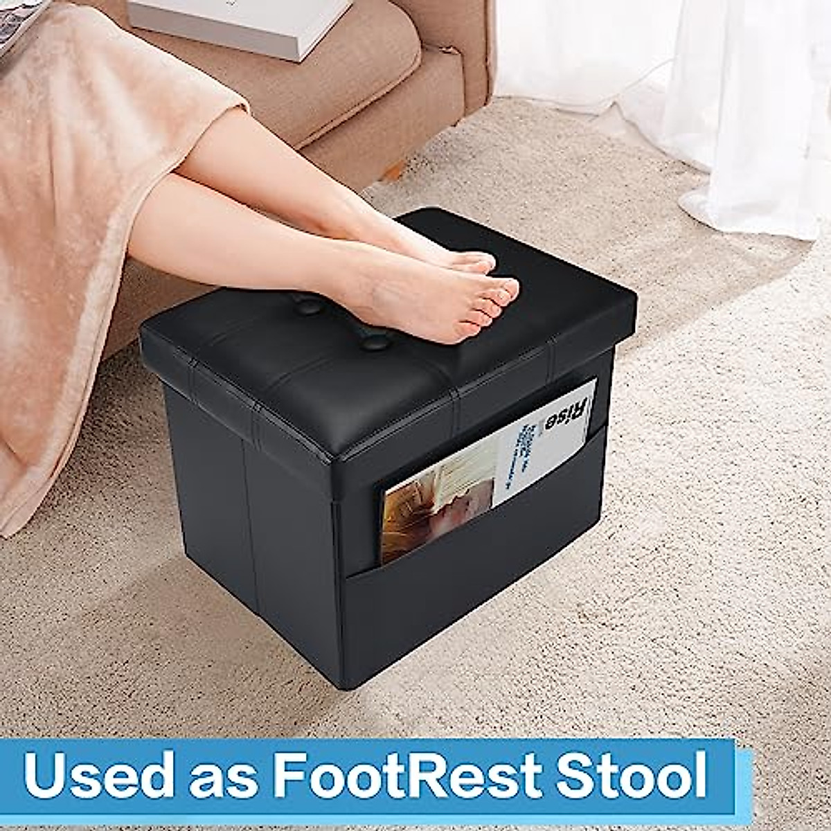 VewePata® Storage Ottoman Foot Rest Footstool with Side Pocket,17 Inch Leather Ottoman with Storage for Living Room or Dorm Storage,Folding Ottoman Padded with Thick Sponge,17X13X13in Black