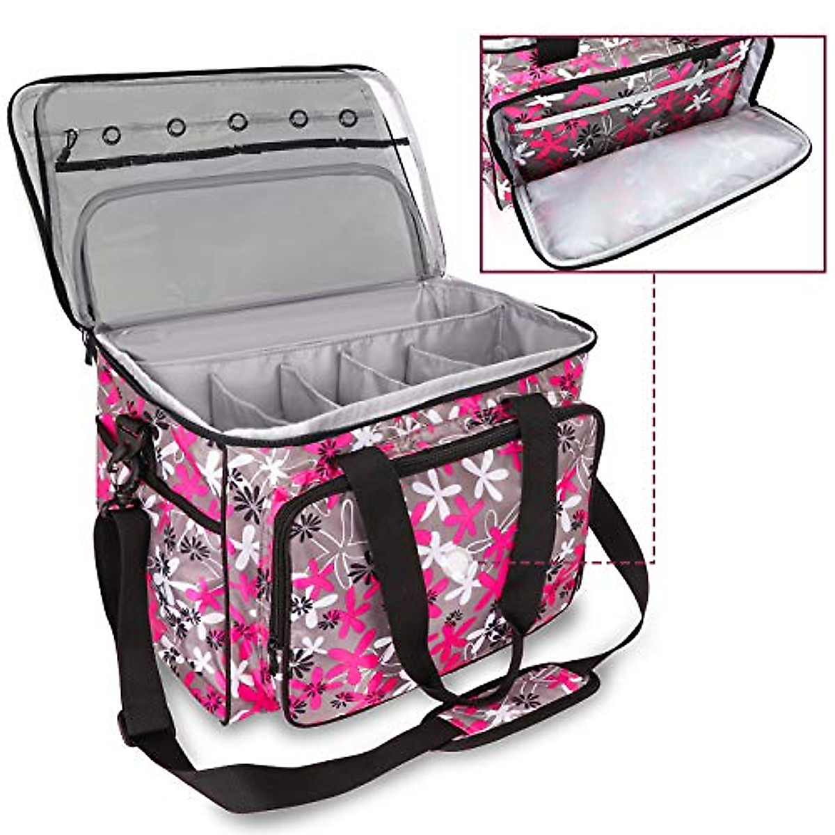 Knitting Bag, Yarn Tote Storage Organizer with Separate Crochet Hooks & Knitting Needles Bag,Slits on Top to Protect Wool and Prevent Tangling Large Flower with Cover