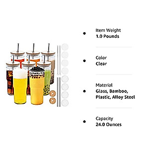 CRTWDMAN 8 Pack Glass Cups Iced Coffee Cups Mason Jars 24oz Drinking Glasses Tumbler with Bamboo Lids and Straws Beer Glass Smoothie Cups for Boba Bubble Tea soda Juice