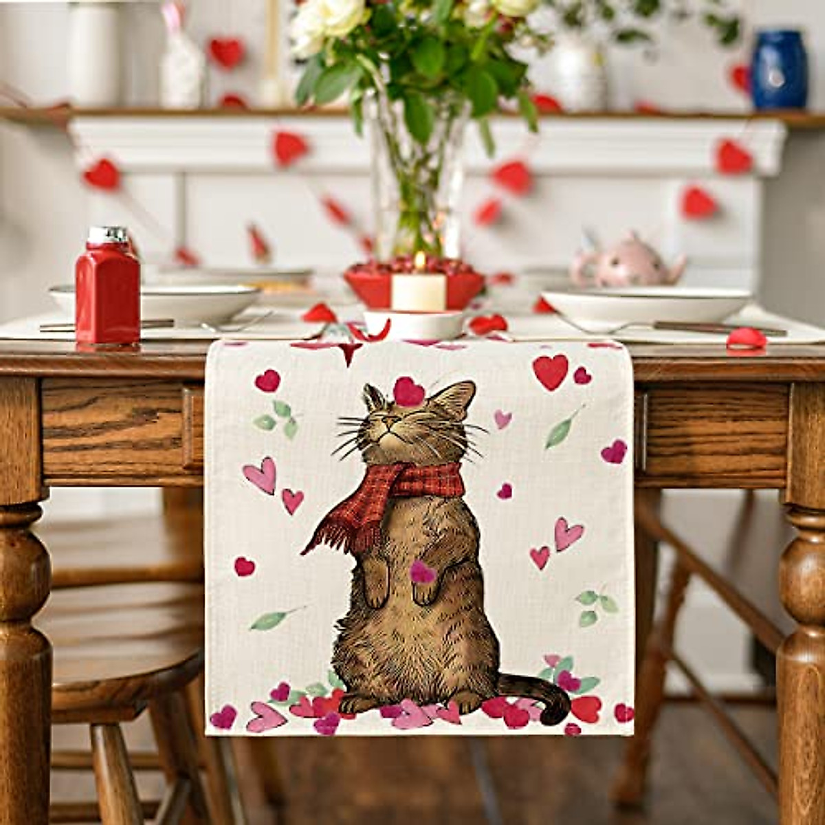 Artoid Mode Cat Branches Leaves Heart Valentine's Day Table Runner, Seasonal Holiday Kitchen Dining Table Decoration for Indoor Outdoor Home Party Decor 13 x 72 Inch