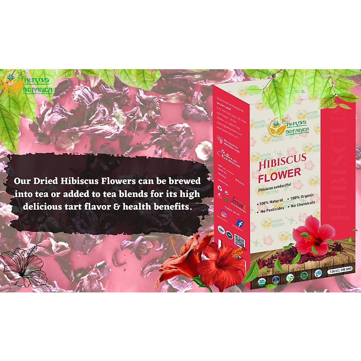 Herbs Botanica Hibiscus Flower Dried Organic For Tea, Hair Growth, Flor De Jamaica Organica Whole Full Flower Petals Cake Decoration & Cocktails 7.05 Oz / 200 Gms