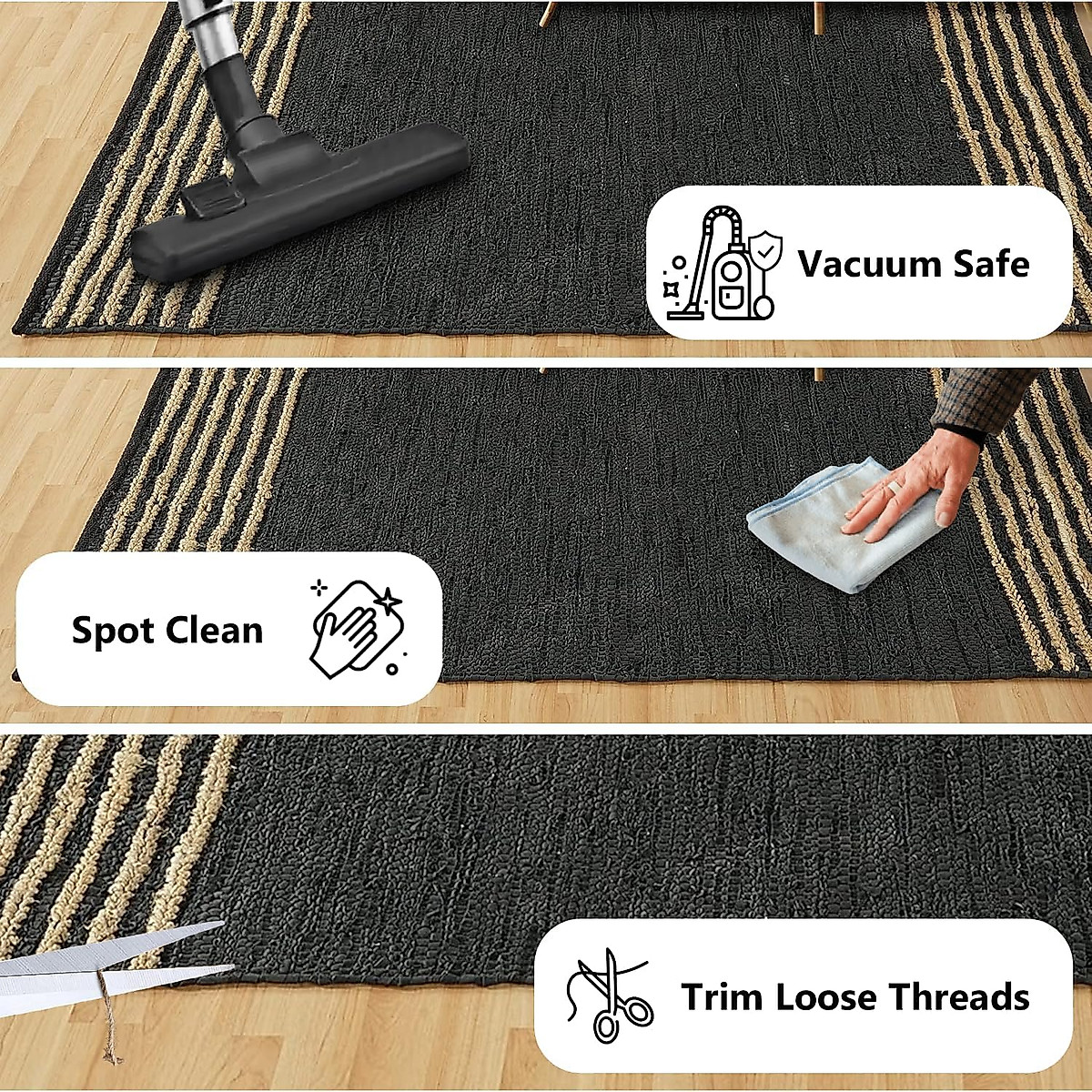 GRUHUM Jute Area Rug 4x6 ft Black Natural Leather Handmade Boho Farmhouse Rustic Vintage Eco Friendly Soft Braided Rug for Indoor Kitchen Bedroom Living Room Hallways Enterways 4'x6' ft Rectangle