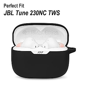 Geiomoo Silicone Carrying Case Compatible with JBL Tune 230NC TWS, Portable Scratch Shock Resistant Cover with Carabiner (Black)