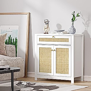 Giluta White Rattan Sideboard Cabinet Kitchen Buffet Cabinet Storage Cabinet with Door and Drawer, Accent Cabinet Freestanding Coffee Cabinet Cupboard Console Table for Dining Room Living Room Hallway