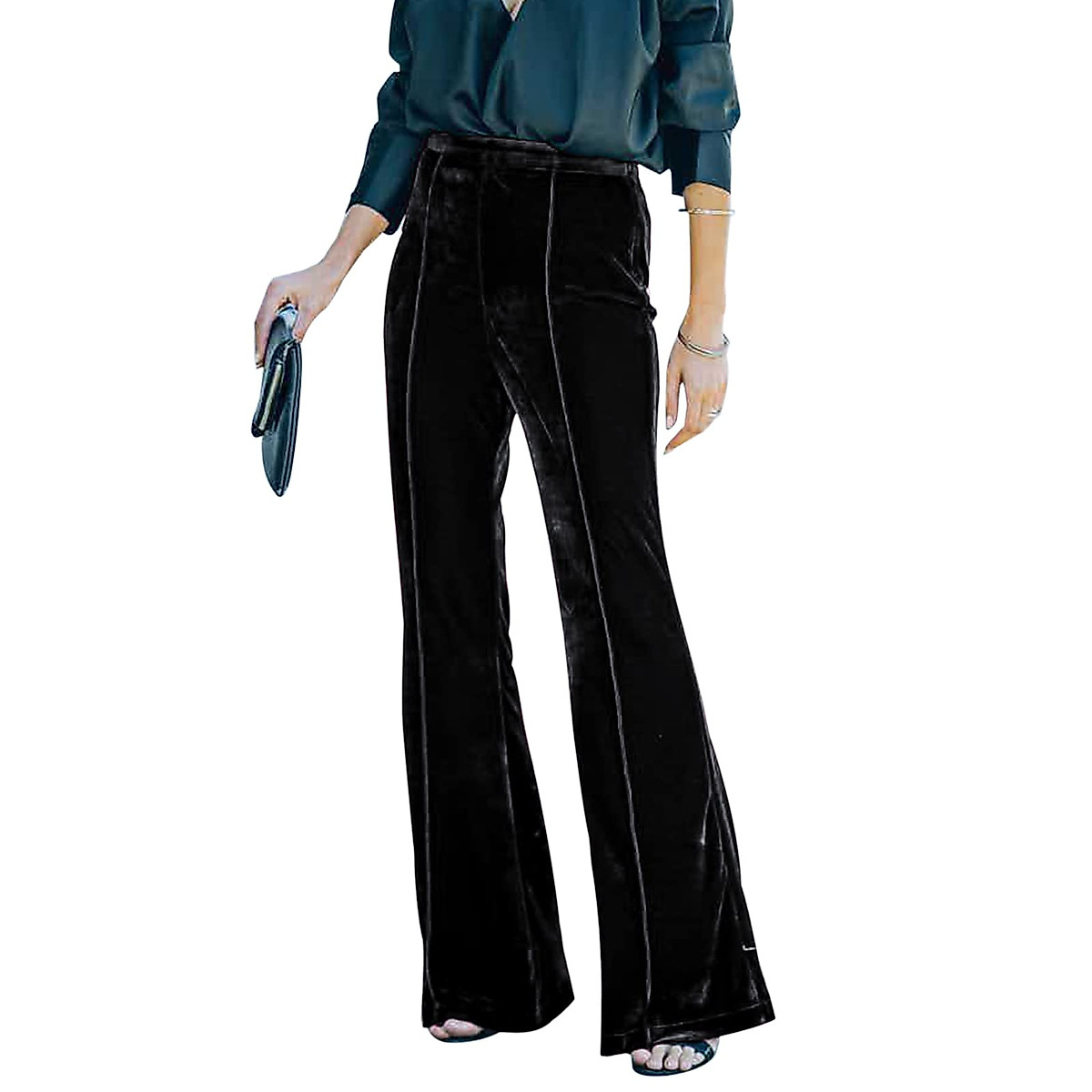 OLYCELAK Women Velvet Elastic High Waisted Wide Flare Leg Palazzo Formal Party Long Pants Black Plus Size XL