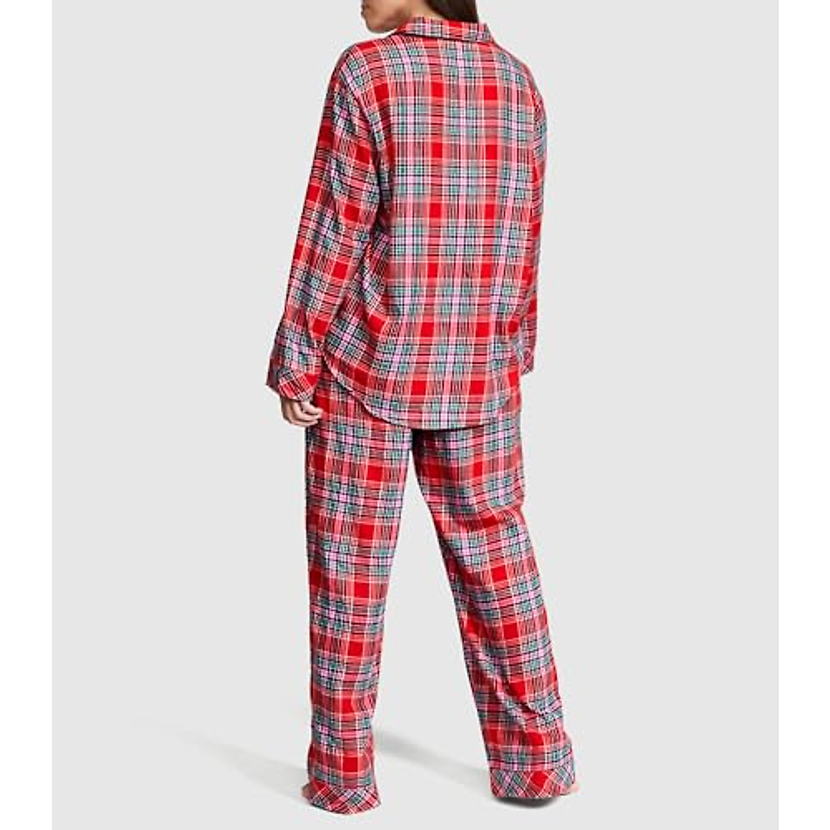 Victoria's Secret Flannel Pajamas, Long Sleeve Button Down & Pant Set, Sleepwear for Women, Lipstick Beauty Plaid, L