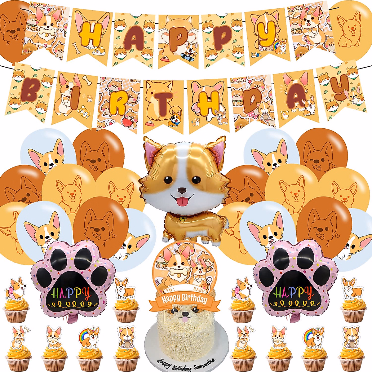 Corgi Party Decorations,Birthday Party Supplies For Corgi Dog Party Supplies Includes Banner - Cake Topper - 12 Cupcake Toppers - 18 Balloons -3 Corgi Foils Ballons