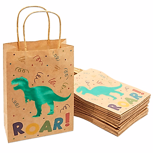24 Pack Kraft Dinosaur Party Favor Bags with Handles for Kid's Birthday (6 x 9 In)