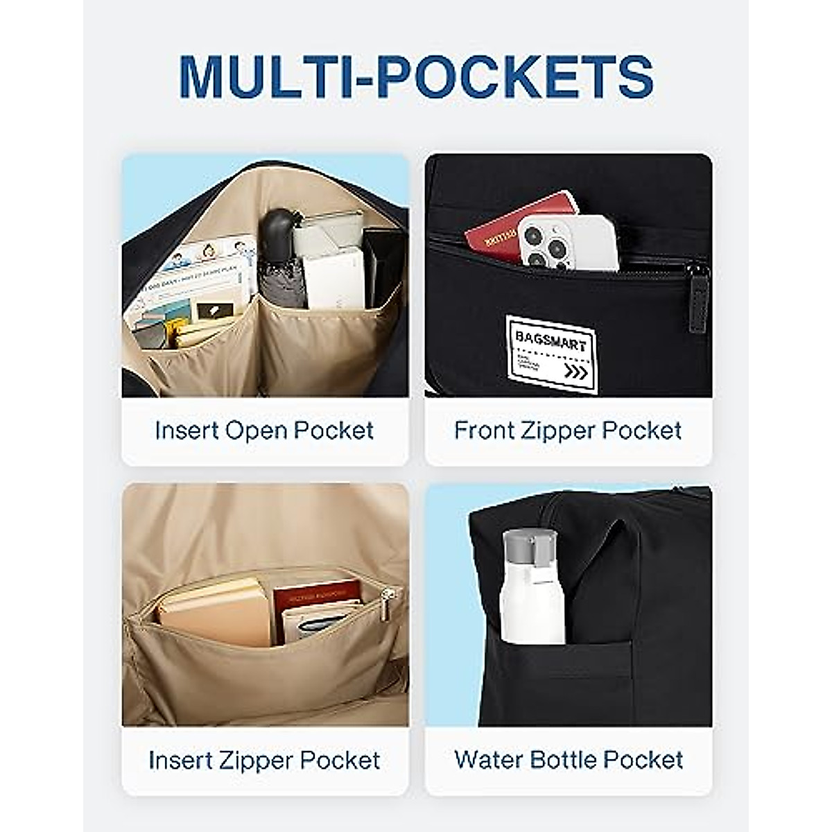 BAGSMART Travel Duffle Bag for Women, Multi Pockets Carry On Weekender Overnight Bag, Foldable Travel Tote Bag for Personal Items, Black