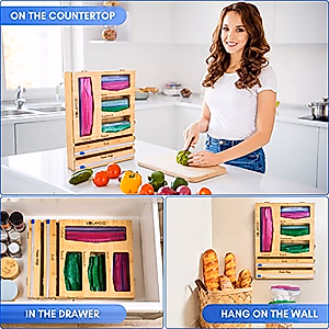 VOLAYOO Drawer organizer for Ziplock Bags and Foil, Organize Your Kitchen Drawer with a Storage Bag Organizer for Ziplock Bags, Foil, Plastic Wrap, 7 in 1 Zip Lock Bamboo Bag organizer for Brawer & Bandwich Bag Holder