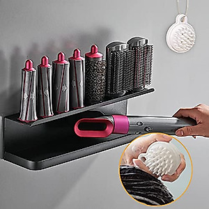 Yimerlen Airwrap Storage Holder Compatible with Dyson Airwrap Curling Iron Wall Mount Storage Rack Holder for Bathroom Attachments Organizer (Black, with Shampoo Comb)