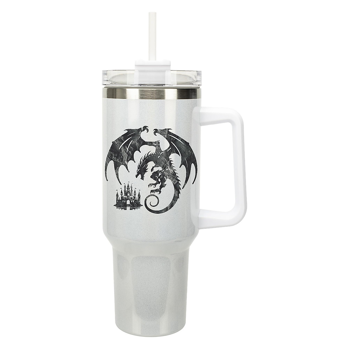 Elanze Designs Majestic Flying Dragon 40 oz. Stainless Steel, Large Water Bottle Coffee Mug, Spill & Leak Resistant, Thermal Travel Tumbler with Handle, Lid & Straw, White