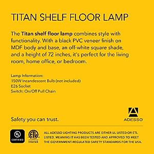 Adesso 3193-01 Titan Tall Shelf Floor Lamp, 72 in, 150W Incandescent/equiv. CFL, Black PVC Veneer on MDF, 1 Floor Lamp