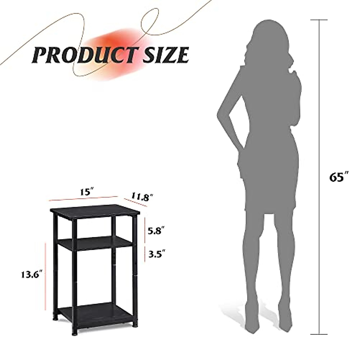 WLIVE Side Table, Small End Table, Adjustable 3-Tier Bedside Table with Sturdy Metal Frame, Tall Nightstand for Bedroom, Living Room, Sofa Table for Small Space (Black, 1 Pack)