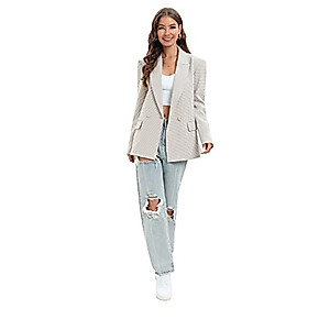 TRNY Women's Houndstooth Blazer Oversized Double-Breasted Suit Blazer Jacket Long Sleeve Casual Boyfriend Style Work Office Blazer with Pockets Mini Beige Houndstooth