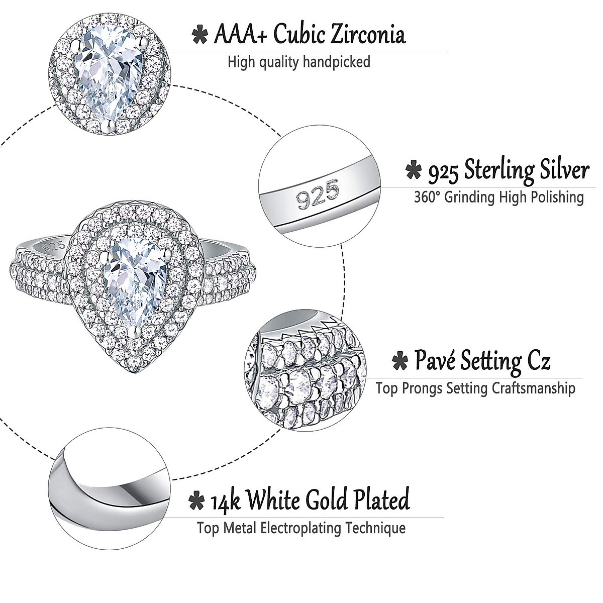 Ahloe Jewelry CEJUG 2.3Ct Teardrop Pear Wedding Rings for Women 18K White Gold Cubic Zirconia Engagement Ring Set Size 6