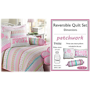 Pink Polka Dot Peace & Love 100% Cotton Reversible Quilt Bedding Set For Kids Girls, Coverlet, Bedspread ( Flower Pastel, Twin - 5 Piece: 1 Quilt + 1 Standard Sham + 3 Decorative Pillows)