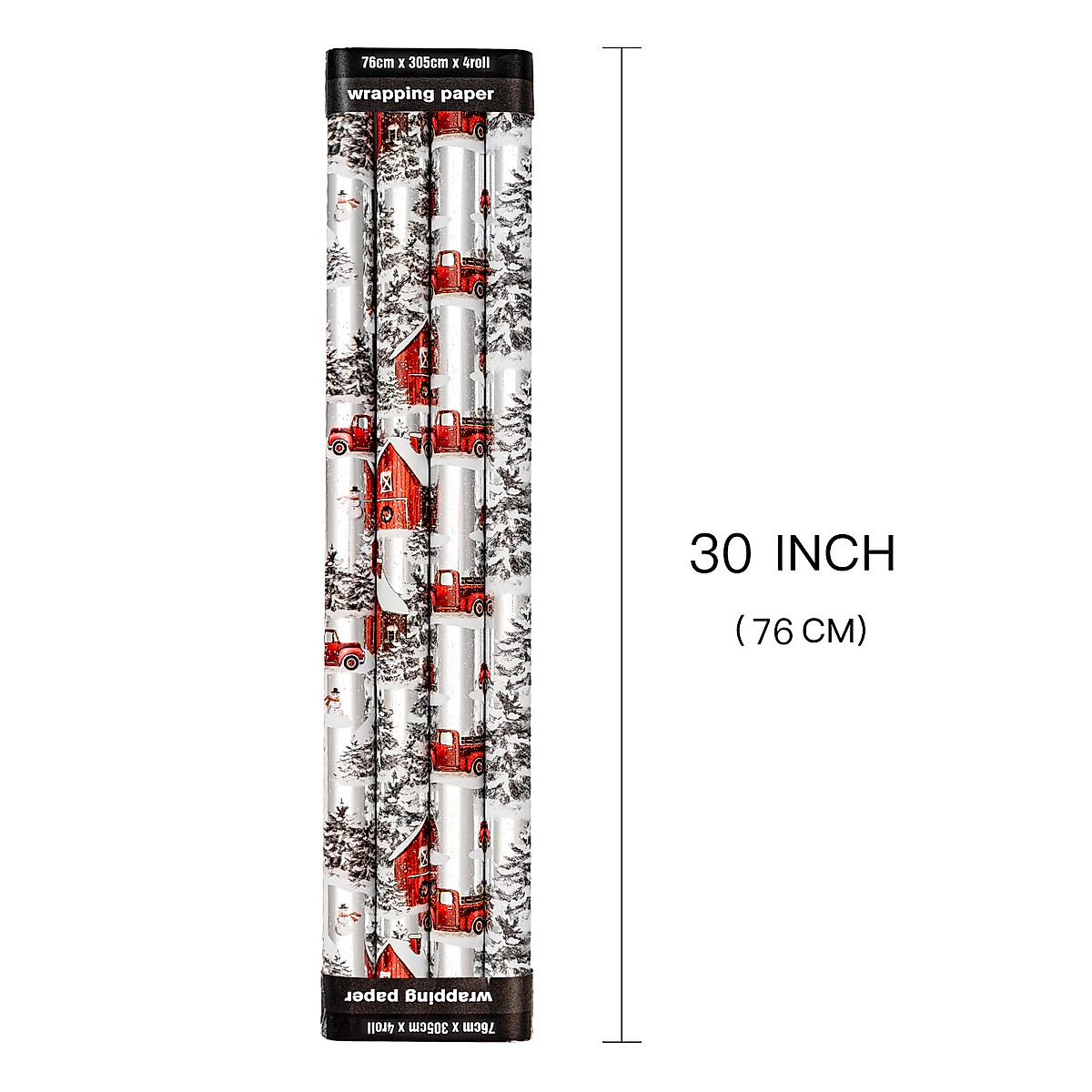 LeZakaa Christmas Wrapping Paper - Silver Metallic Foil with Snowman/Red Truck with Tree/Red House/Tree with Snow Design for Gift Wrap, Craft - 30 x 120 inches - 4 Rolls