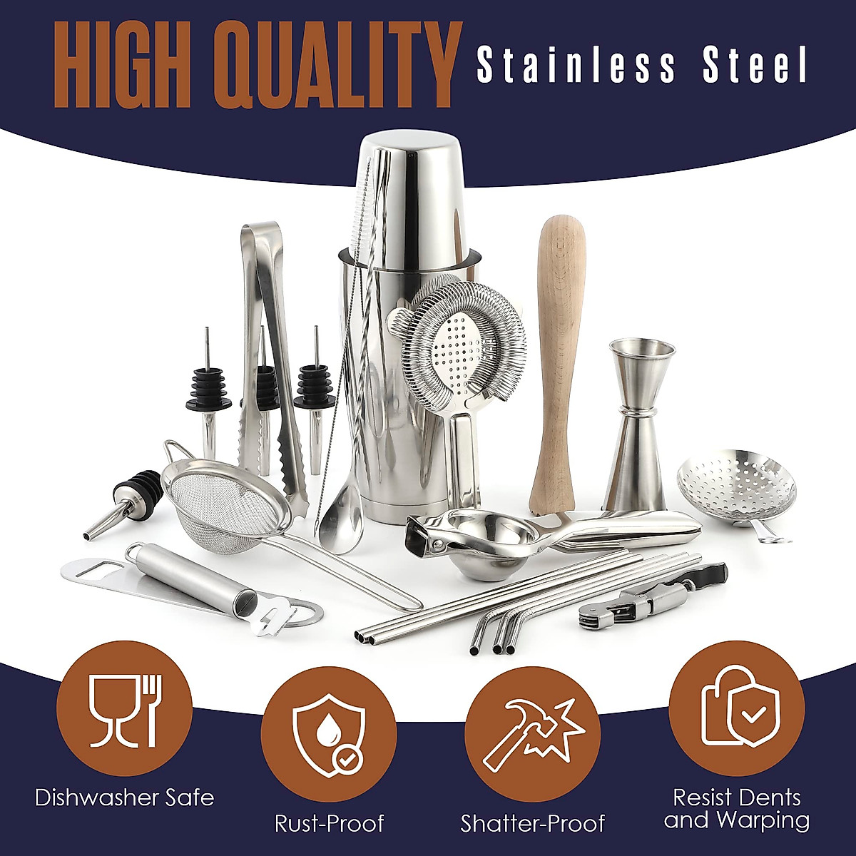 Travel Bartender Kit Bag, Traveling Bar Set, Portable Mixology Sets, 23 Pieces, Dark Blue, Silver, Professional Bartending Accessories, Starter Cocktail Mixer, Mobile Barware Tool Kitbag | Houseables