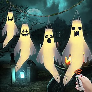 4 Pcs 45 Inch Halloween Hanging Ghost Decorations Outdoor Ghost Windsock Outsider Waterproof Timed Hanging Ghost Decorations Remote Control String of Lights Tree Ghost (Warm and Cold Lights)