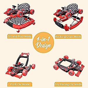 Baby Walker with Wheels, Activity Center Anti-Rollover, Comfortable seat, Steering Wheel, Music, Lights, 4 Height Adjustable Foldable Baby Walkers for Boys and Girls from 6-18 Months with Footrest