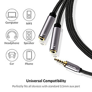 DUKABEL Headphone Splitter, Strong Braided & Gold-Plated 3.5mm Stereo Audio Y Splitter Cable 4-Pole Male to 2-Female Port Audio Stereo Cable Dual Headphone Jack Adapter Top Series