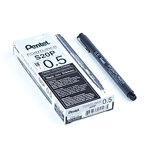 Pentel Arts Pointliner Pen, (0.5mm), Black Ink, Box of 12 (S20P-5A)