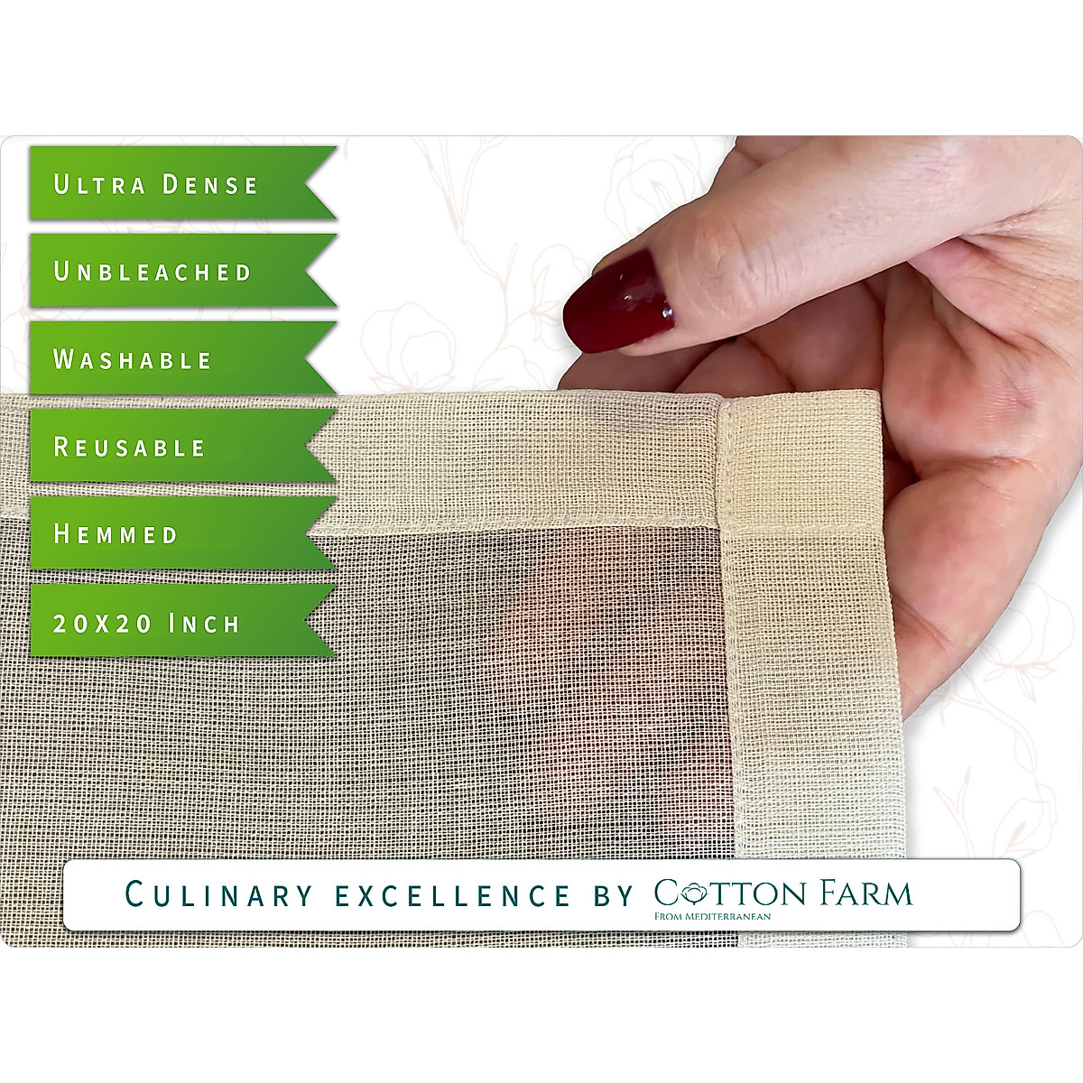 Cotton Farm Hemmed Cheese Cloths, Grade 100, 20x20 inch, Precut, Ready to Use, Muslin Cheesecloth for Straining and Cooking, 100% Unbleached Cotton, Ultra Fine and Dense, Reusable, Washable