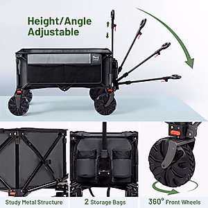 TIMBER RIDGE Outdoor Collapsible Wagon Utility Folding Cart Heavy Duty All Terrain Wheels for Shopping Camping Garden with Side Bag and Cup Holders, Grey