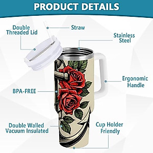 Nexawaveo Mooring Rose Beige Tumbler With Handle And Straw 30-40oz Insulated Tumbler Cups With Lid Stainless Steel for Cold Water and Drinks for School Work Sports Car Travel and Weekends