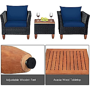 HAPPYGRILL 3 Pieces Patio Conversation Set PE Rattan Wicker Sofa Set with Cushions, Outdoor Furniture Set with Acacia Wood Coffee Table for Balcony Backyard Porch Garden