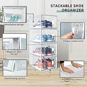 Hrrsaki 8 Pack X-Large Shoe Storage Boxes, Shoe Boxes Clear Plastic Stackable, Shoe Organizer Boxes with Front Opening Lids, Ventilation and Dust-proof, Shoe Container Boxes for Closet, Bedroom, Bathroom, Fit for Women/Men Size 14(14” x 11” x 8.3”) (white