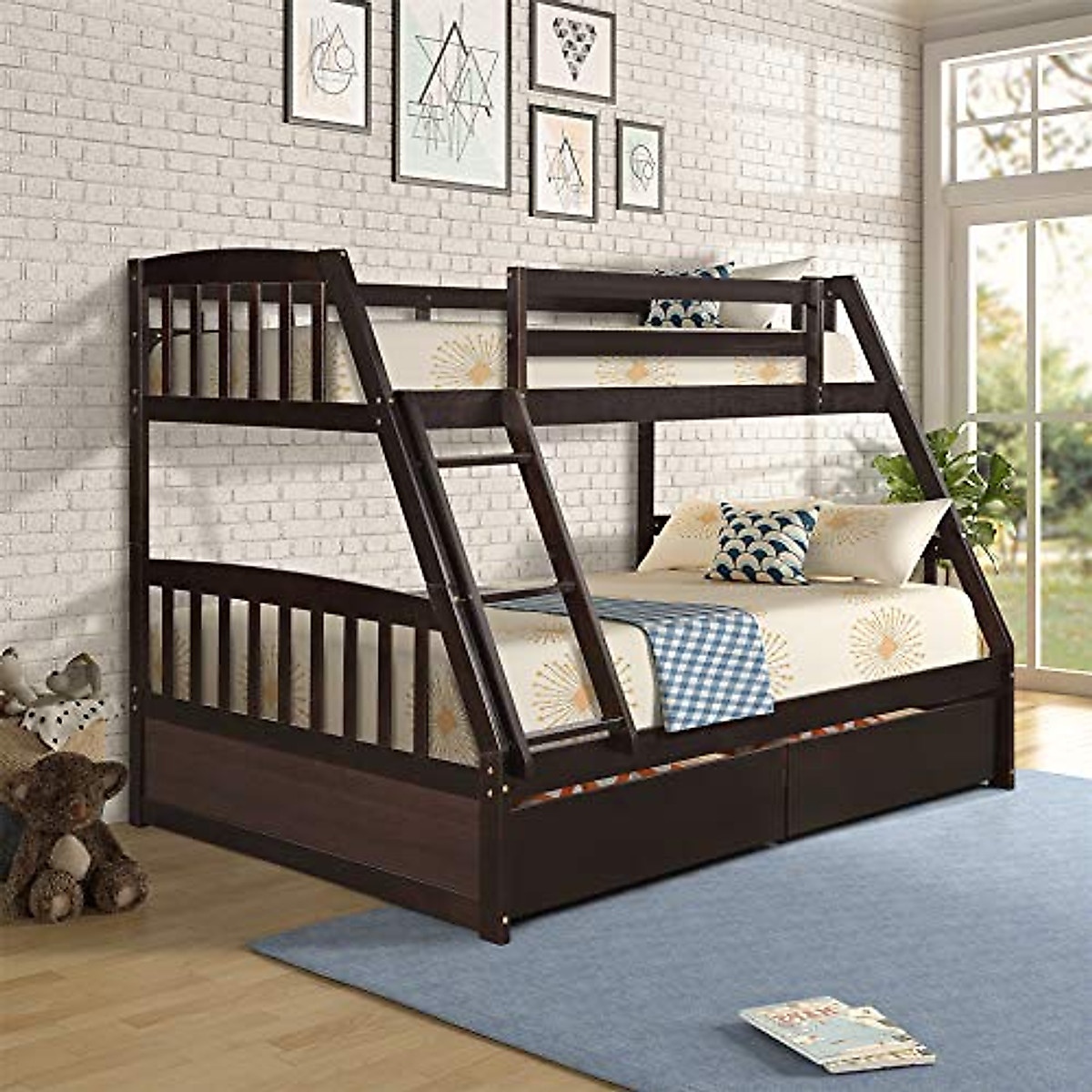 Harper & Bright Designs Twin Over Full Bunk Bed with Two Storage Drawers, Solid Wood Bunk Bed for Kids, Teens, Adults, Espresso