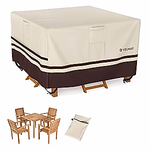 Velway Patio Furniture Covers Waterproof Outdoor Square Table and Chair Set Cover with Seam Taped, 49"Lx49"Wx29"H Tear-Resistant Windproof Cover with Air Vents & Adjustable Fasteners, Beige/Brown