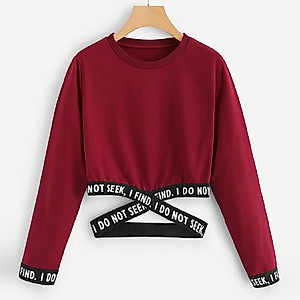 T-shirt for Women THENLIAN Women Letters Printing Long Sleeve Sweatshirt Short Pullover Tops Blouse(Red, S)