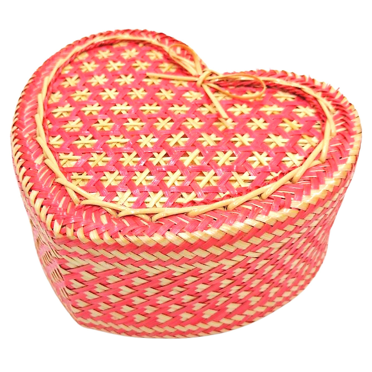 Bamboo Sticky Rice Serving Basket 6x5.2 Inch, Kratip, Intricately Woven Container, Heart-Shaped, American Flag, Thailand Handmade, Dyed with Natural Based (Red Pikul Flowers)