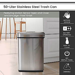 Hanover Home 33-in. Tall Hands-Free Steel Trash Can with Fingerprint-Resistant Finish and Soft-Close Motion Sensor Lid for Kitchen - 13.2 Gallons (50 Liters) in Black