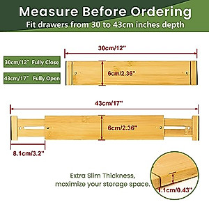 romise Drawer Dividers, 4 PCS Bamboo Drawer Dividers Organizers, Adjustable Drawer Dividers for Clothes, Expandable Drawer Organization Separators for Kitchen, Bedroom, Dresser etc, 12" - 17", Natural