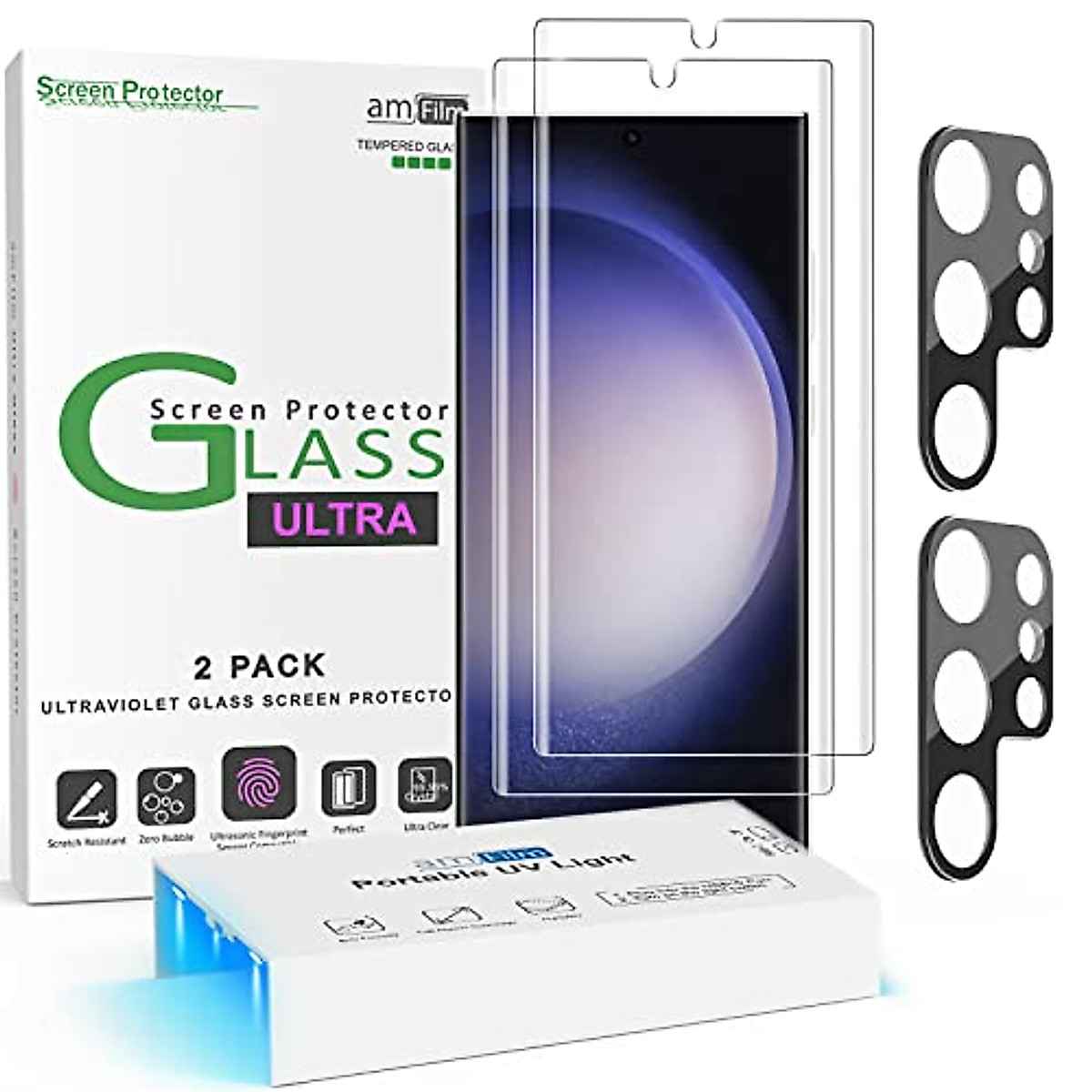amFilm Compatible with Samsung Galaxy S23 Ultra Screen Protector Tempered Glass and Camera Lens Protector 5G 6.8 inch, Fingerprint Sensor Compatible, UV Gel Adhesive Installation(2 Pack)