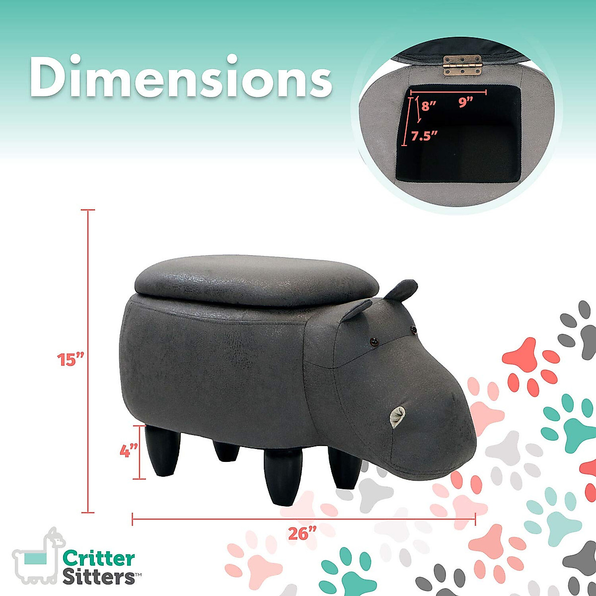 Critter Sitters 15-In. Seat Height Dark Gray Hippo Animal Shape Storage Ottoman, Kids Furniture for Nursery, Bedroom, Playroom, and Living Room Decor, Multifunctional Cushioned Step Stool