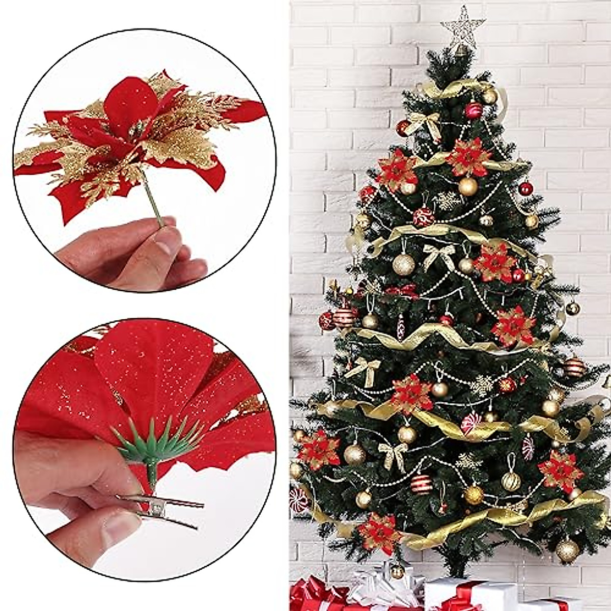 CEWOR 15 Pcs Christmas Poinsettia Flowers Glitter Artificial Flowers Decorations with Clips and Stems for Xmas Tree Wedding Party Wreath Fireplace Ornaments (Red and Gold)