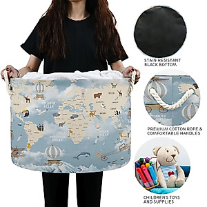 Extra Large Round Basket with Thick Thread Cotton Rope Handle - Animals Travel World Map Decor,Waterproof Canvas Blanket Clothes Laundry Basket Hamper,Nursery Kids Baby Toy Basket Home Organizing Stor