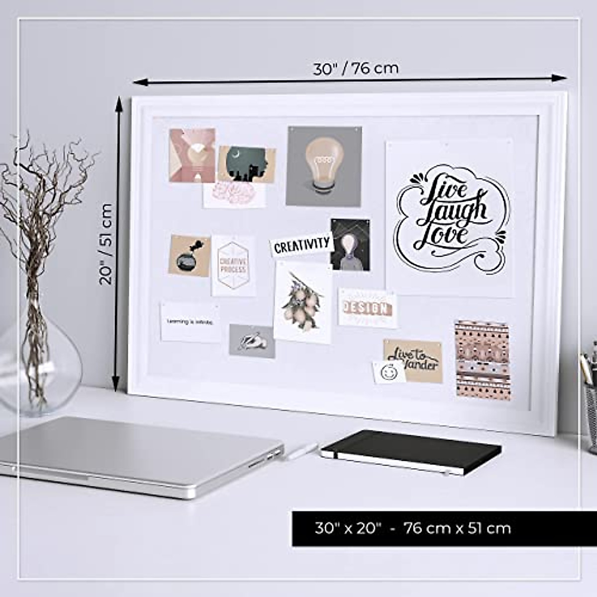 SKL Products Cork Board - 30" x 20" Large, Framed, White Bulletin Board for School, Home, Kitchen & Office Walls